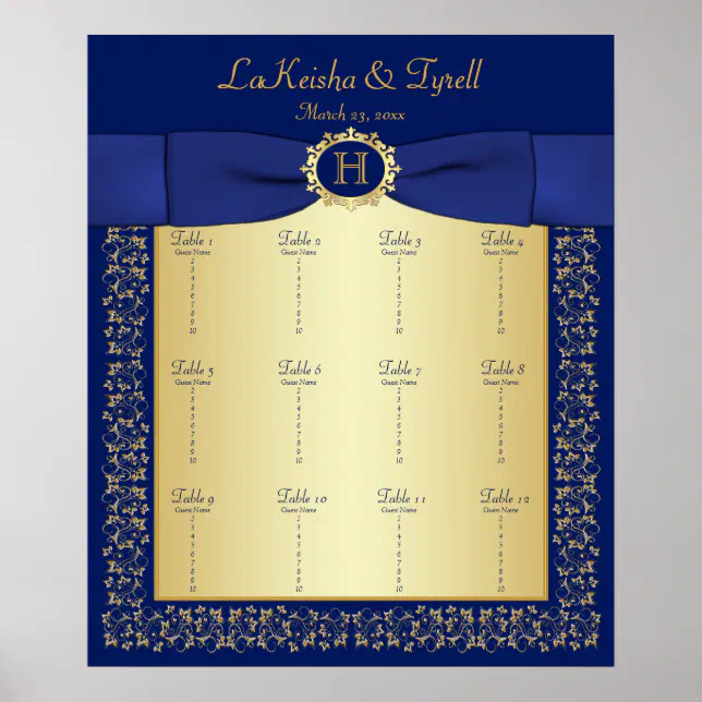 Monogram Blue, Gold Floral Table Seating Poster | Zazzle