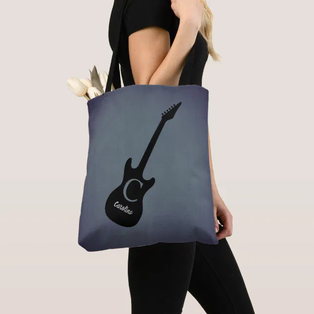Monogram Blue Gray Electric Guitar Tote Bag | Zazzle