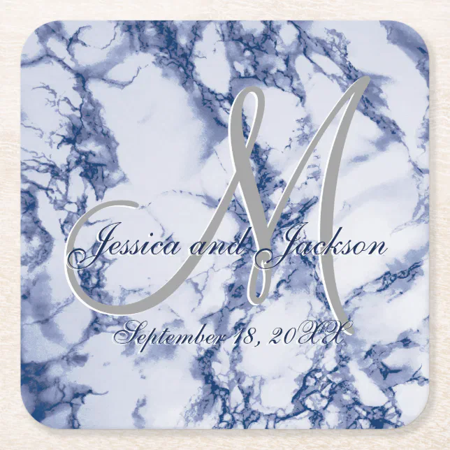 Monogram Blue Marble Design Square Paper Coaster | Zazzle