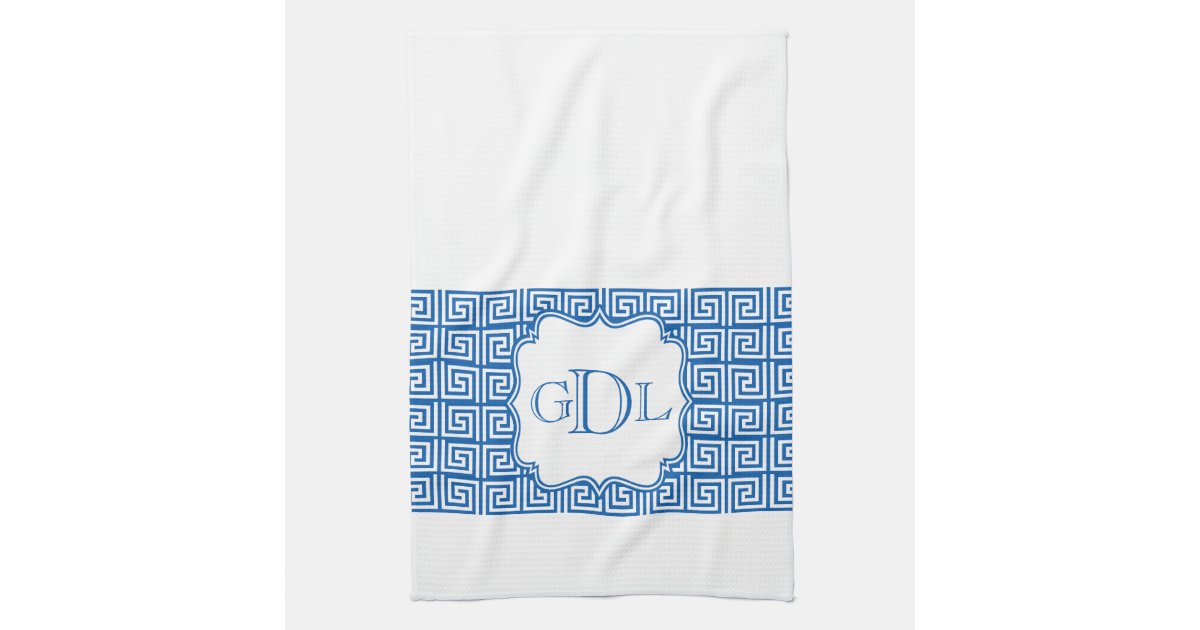 Monogram Blue & White Greek Key Kitchen Towel | Zazzle