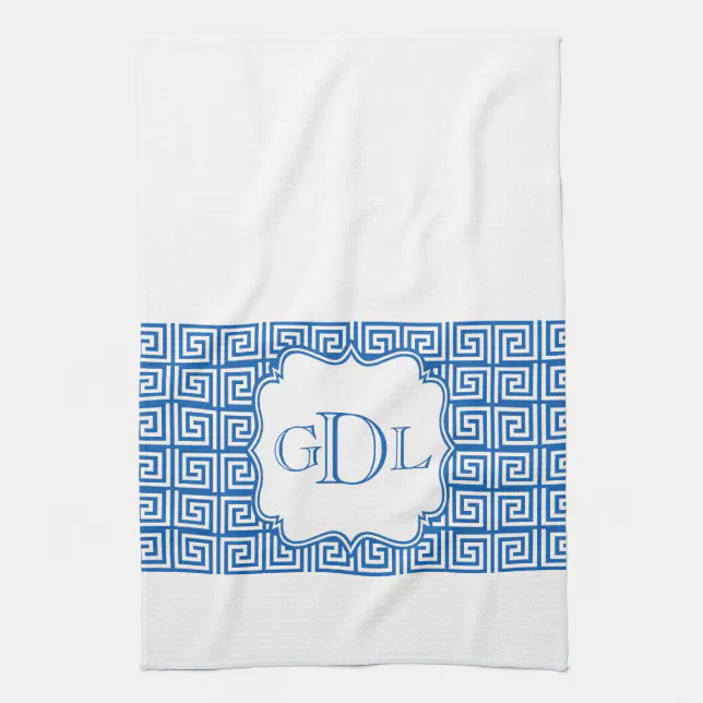 Monogram Blue & White Greek Key Kitchen Towel | Zazzle