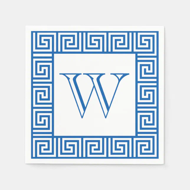 Monogram Blue & White Greek key style paper napkin | Zazzle