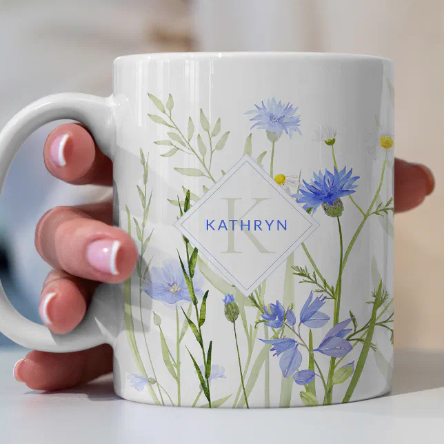 Monogram Blue Wild Flower Personalised Coffee Mug | Zazzle
