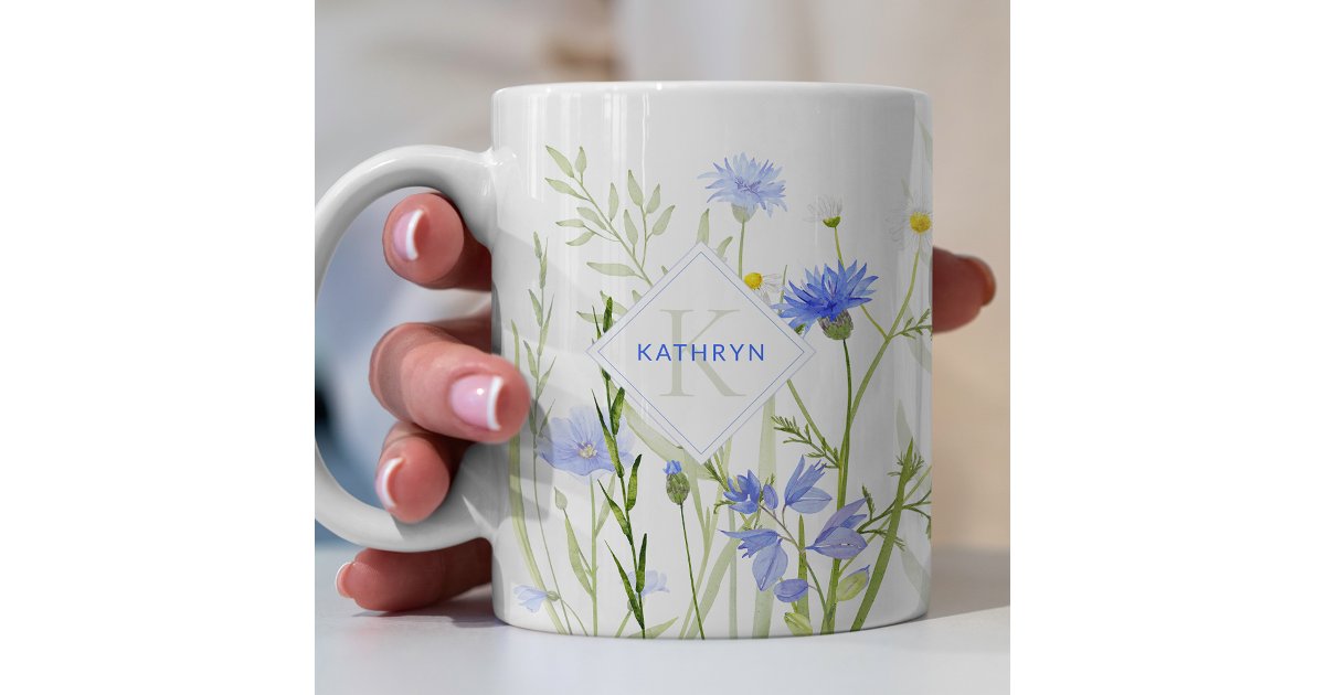 Monogram Blue Wild Flower Personalised Coffee Mug | Zazzle