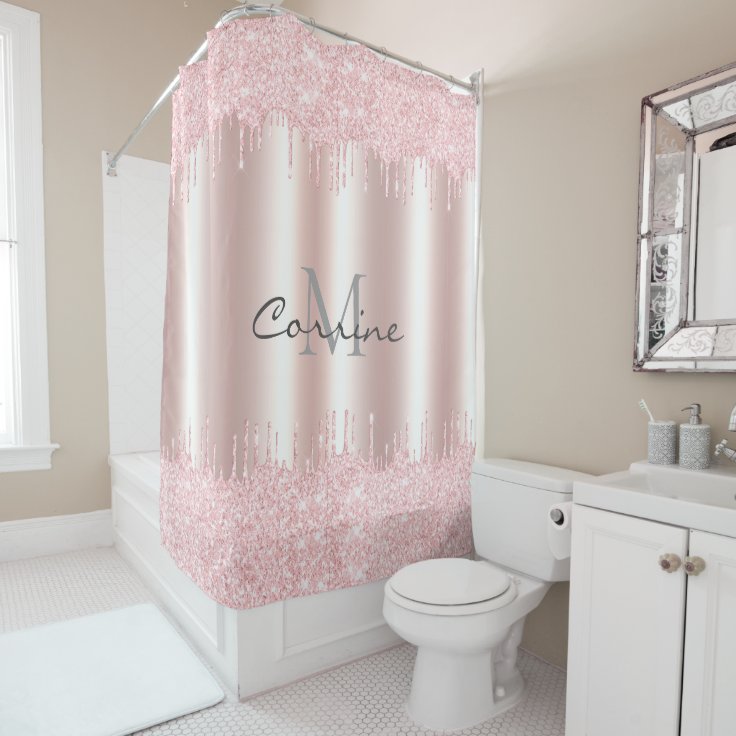 Monogram Blush Pink Dbl Dripping Glitter Metallic Shower Curtain | Zazzle