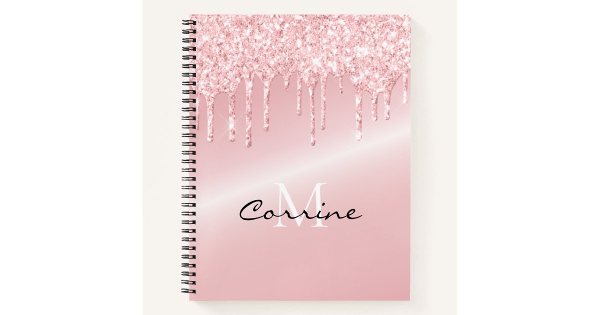 Monogram Blush Pink Dripping Glitter Metallic Notebook | Zazzle