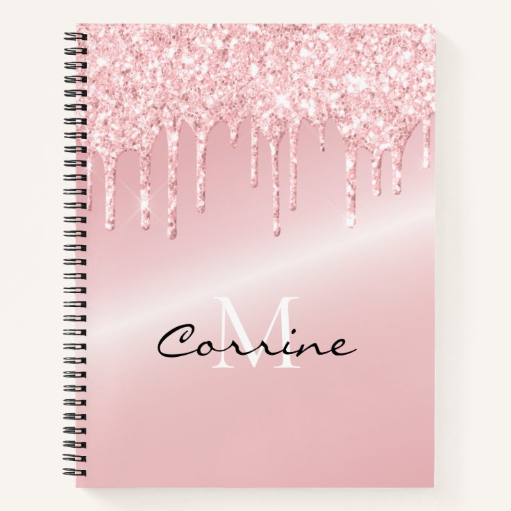 Monogram Blush Pink Dripping Glitter Metallic Notebook | Zazzle
