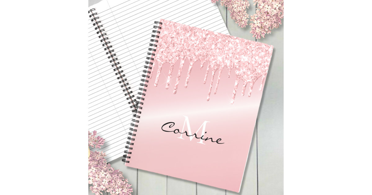 Monogram Blush Pink Dripping Glitter Metallic Notebook | Zazzle