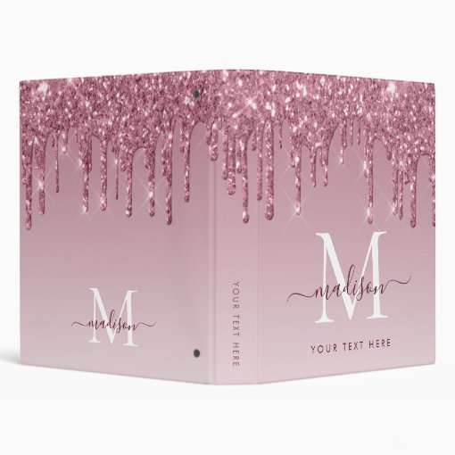 Monogram Blush Pink Glitter Drips School Office 3 Ring Binder | Zazzle