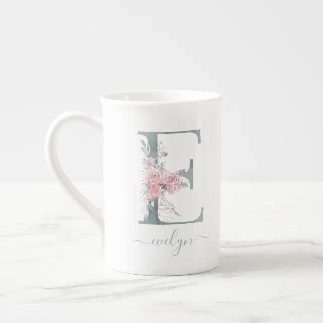 Monogram Blush Pink Watercolor Floral Letter E Bone China Mug | Zazzle