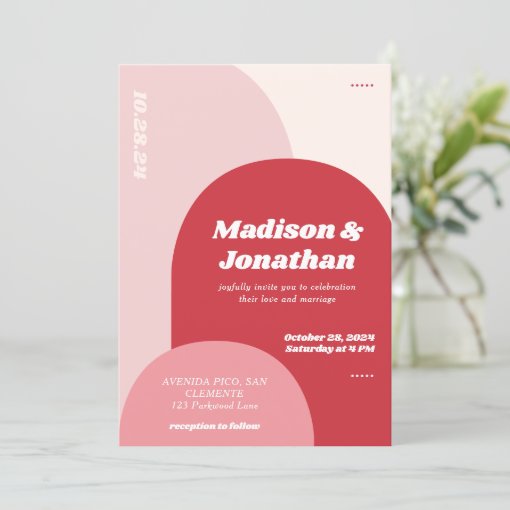 Monogram Bold Pink Red Retro Arch Wedding Invitation | Zazzle