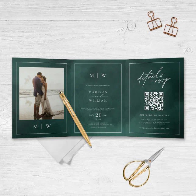 Monogram & Border Elegant Emerald Green Wedding Tri-Fold Invitation ...