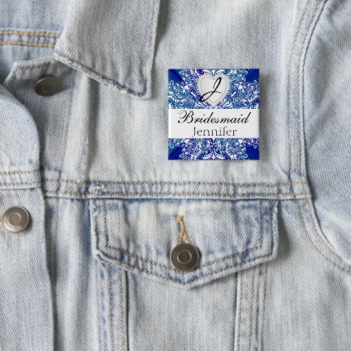 Monogram Bridal Party Royal Blue Satin Design Pinback Button | Zazzle