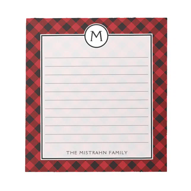 Monogram Buffalo Plaid Red and Black Christmas Notepad | Zazzle