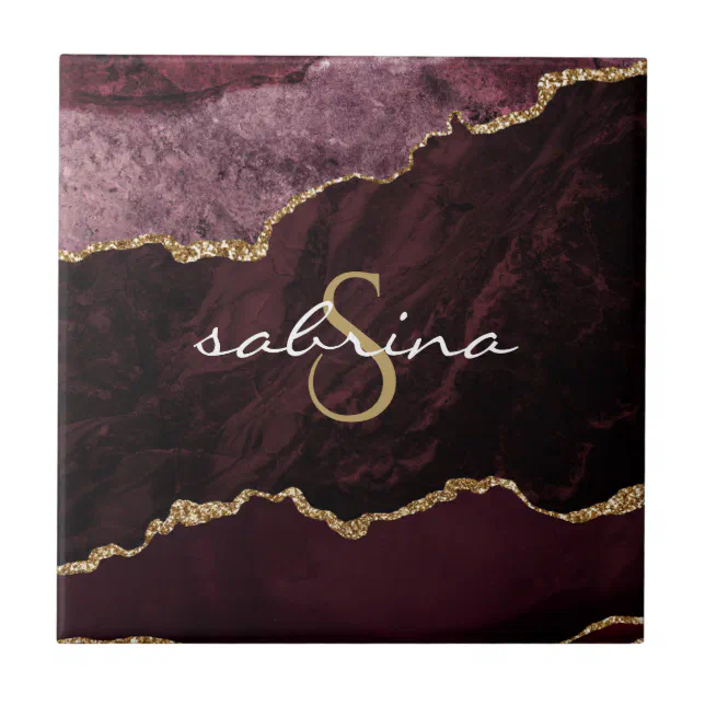 Monogram Burgundy Gold Agate Geode Ceramic Tile | Zazzle