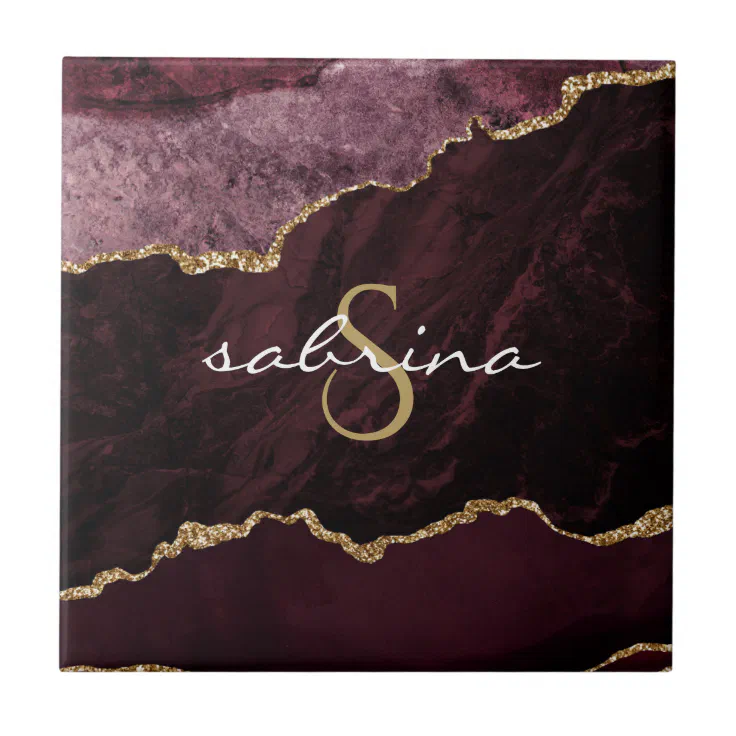 Monogram Burgundy Gold Agate Geode Ceramic Tile | Zazzle