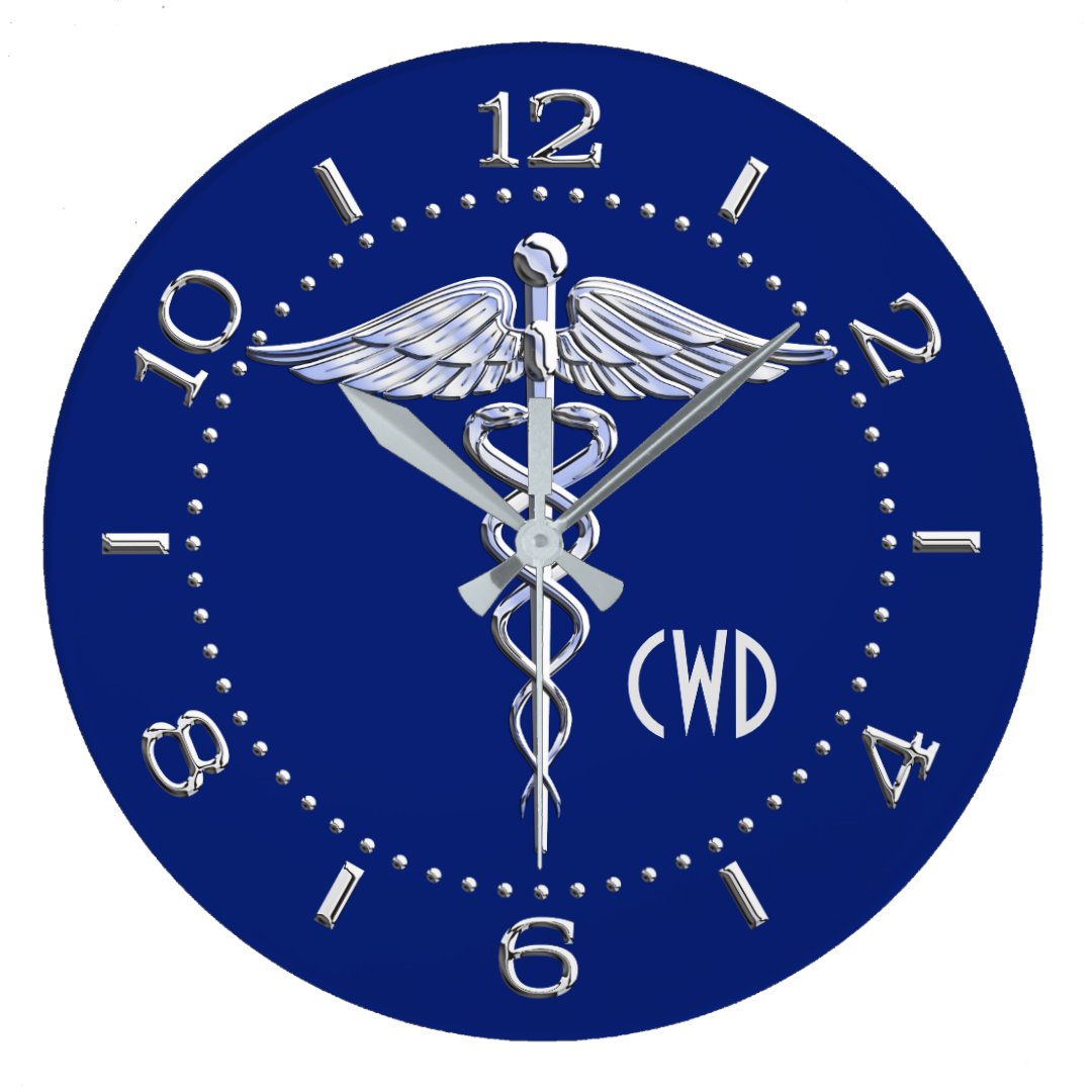 Monogram Caduceus Medical Symbol on Blue Large Clock | Zazzle