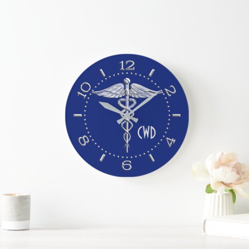 Monogram Caduceus Medical Symbol on Blue Large Clock | Zazzle