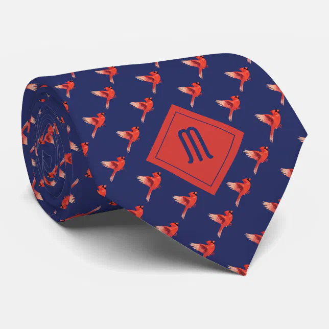 Monogram Cardinal Bird Pattern on Blue Neck Tie | Zazzle