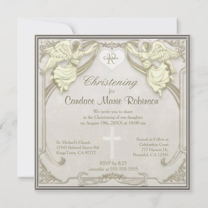 Monogram Christening with Angels Invitation | Zazzle