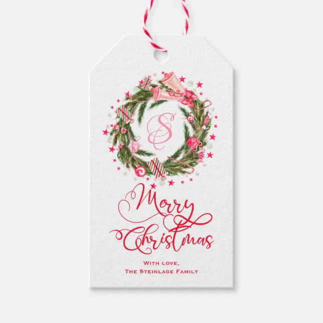 Monogram Christmas Wreath Gift Tags | Zazzle