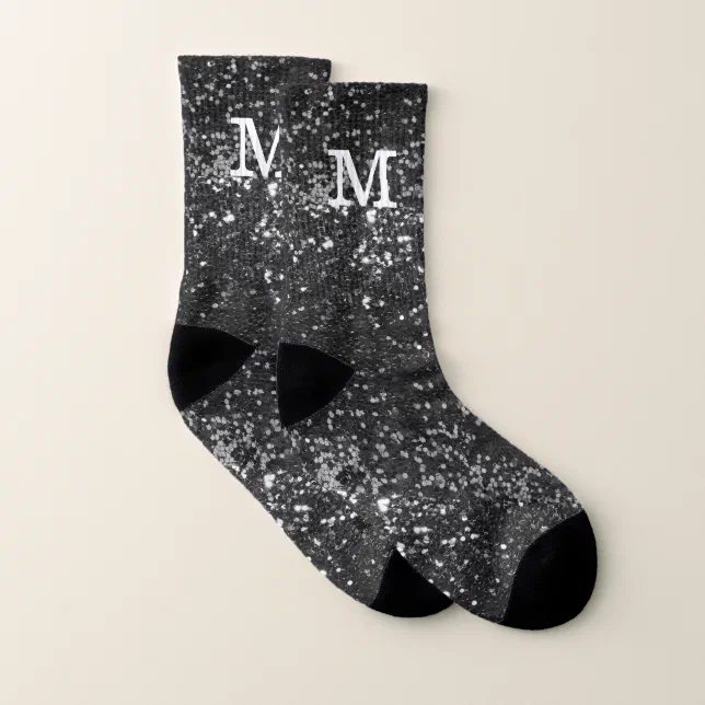 Monogram Chunky Glitter Sequin Black Socks | Zazzle