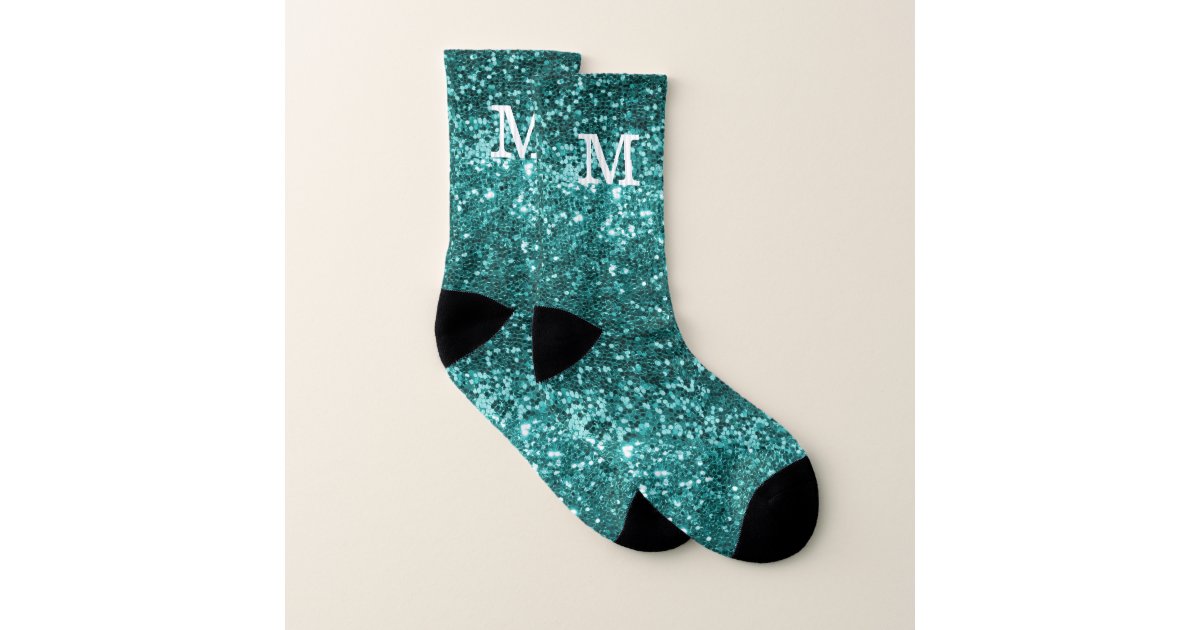 Monogram Chunky Glitter Sequin Turquoise Socks | Zazzle