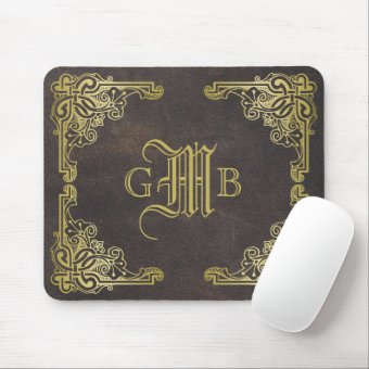 Monogram Classic Gold Frame Antique Leather Fancy Mouse Pad | Zazzle