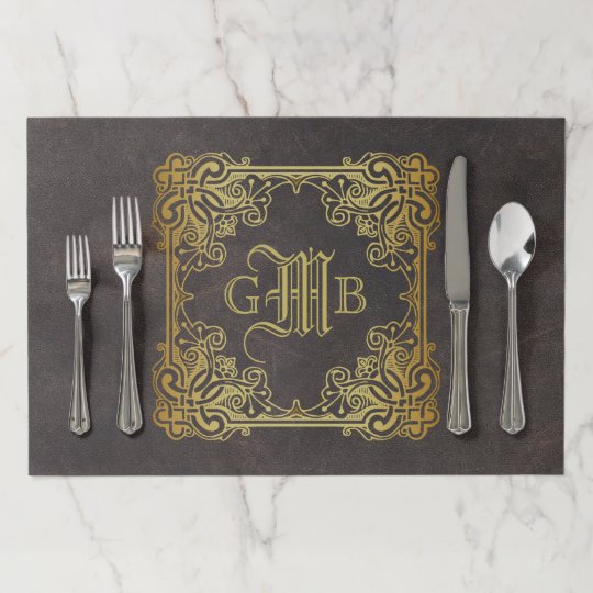 Monogram Classic Gold Frame Antique Leather Fancy Paper Placemat ...