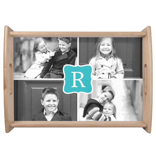Monogram Collage Photo Serving Tray - Turquoise | Zazzle