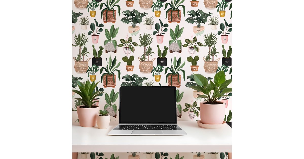 Monogram Crazy Plant Lady Watercolor Potted Plants Wallpaper | Zazzle