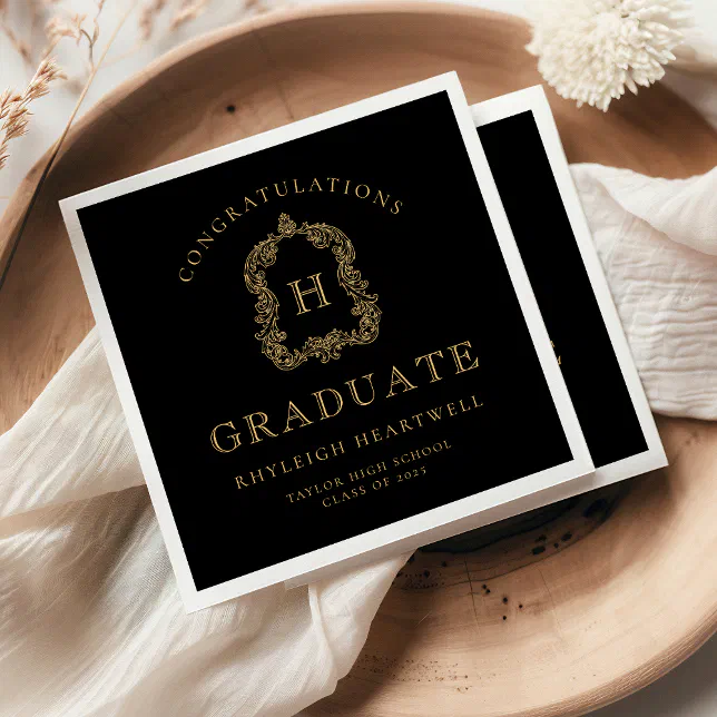Monogram Crest Black Gold Graduation Party Napkins | Zazzle