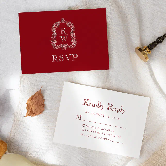 Monogram Crest Cranberry Red Wedding RSVP Card | Zazzle