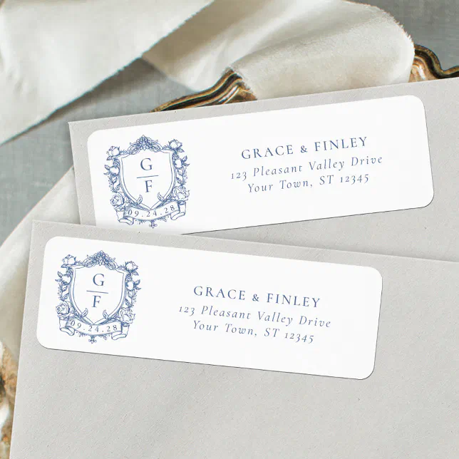 Monogram Crest French Roses Blue Wedding Address Label | Zazzle