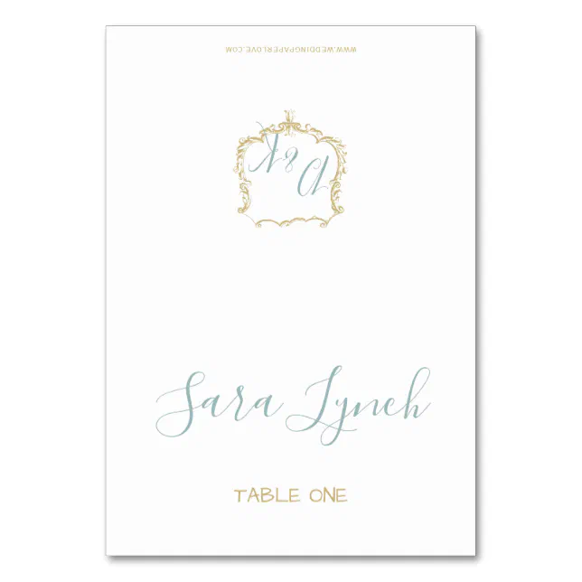 Monogram Crest Gold Dusty blue Wedding Table Number | Zazzle