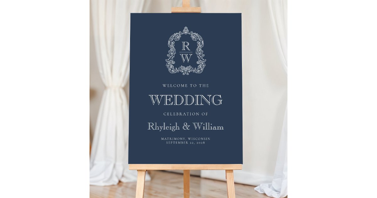 Monogram Crest Navy Blue Wedding Welcome Sign | Zazzle