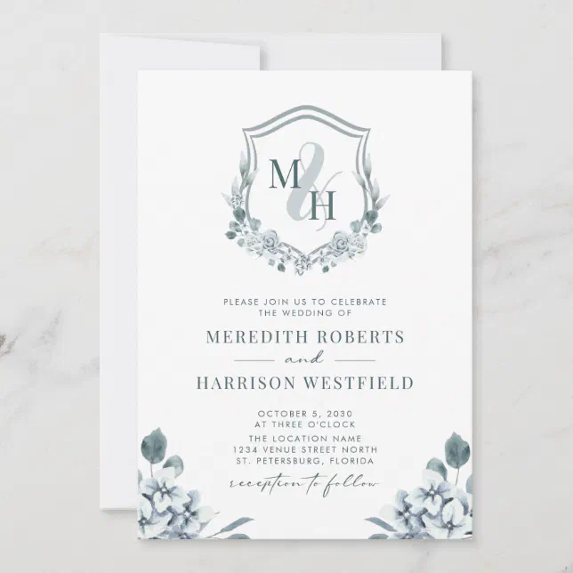Monogram Crest QR Code Dusty Blue Floral Wedding Invitation | Zazzle