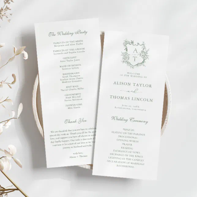 Monogram Crest Sage Green Wedding Program Card | Zazzle