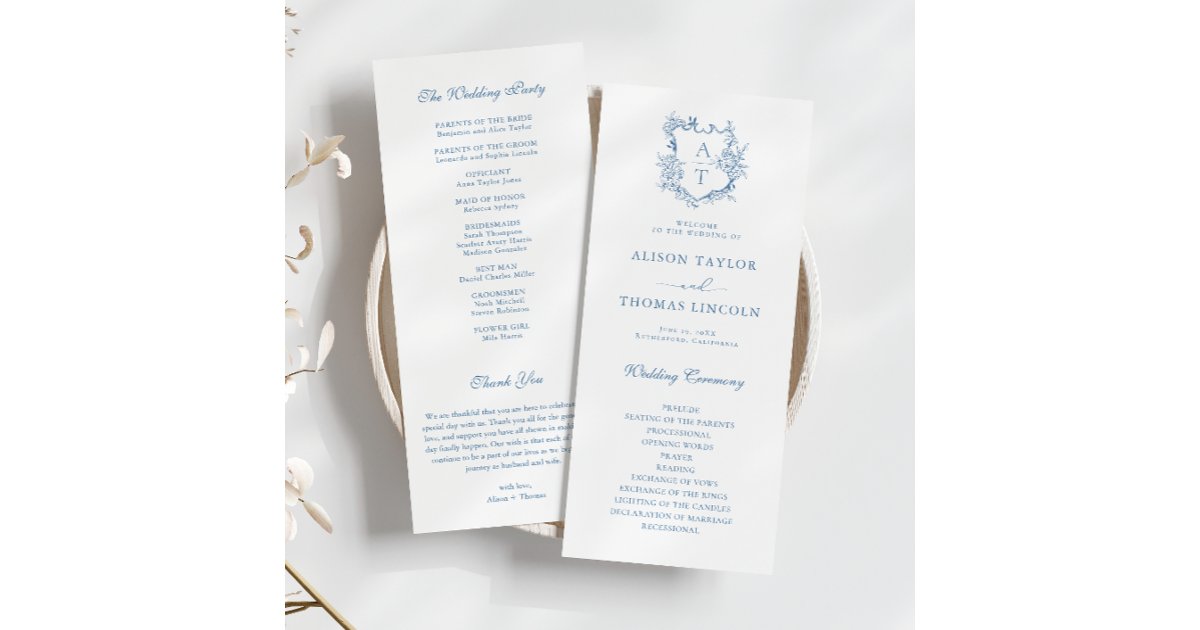 Monogram Crest Vibrant Blue Wedding Program Card | Zazzle