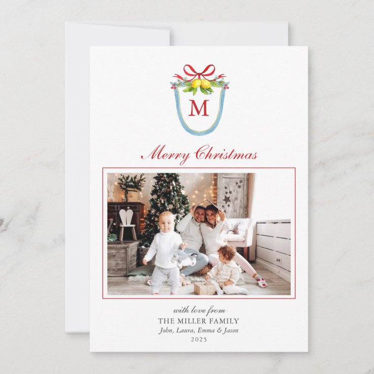 Monogram crest with Lemons Christmas Photo Holiday Card | Zazzle