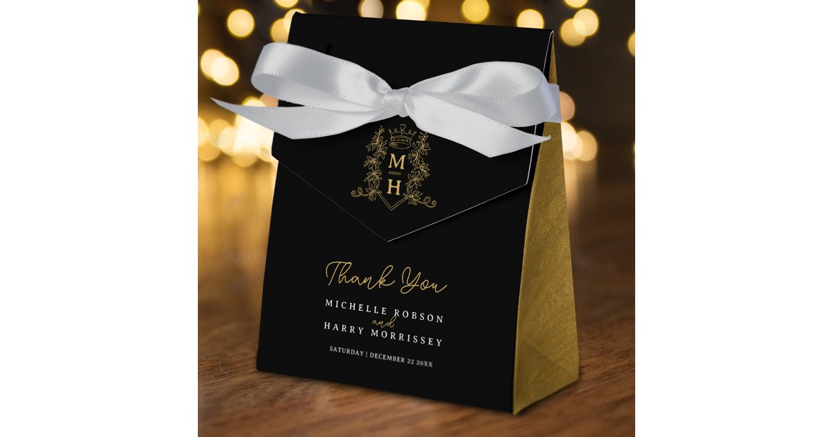 Monogram crown crest black gold thank you wedding favor boxes | Zazzle