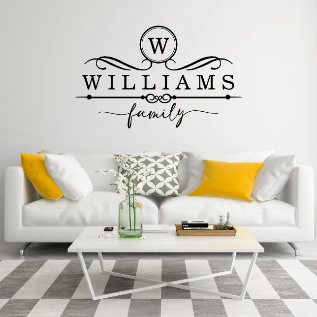 Monogram Custom Family Name Black Script Template Wall Decal | Zazzle