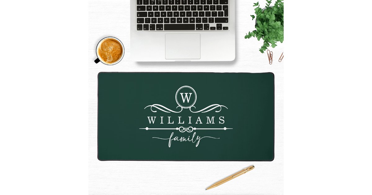 Monogram Custom Family Name Green White Script Desk Mat | Zazzle