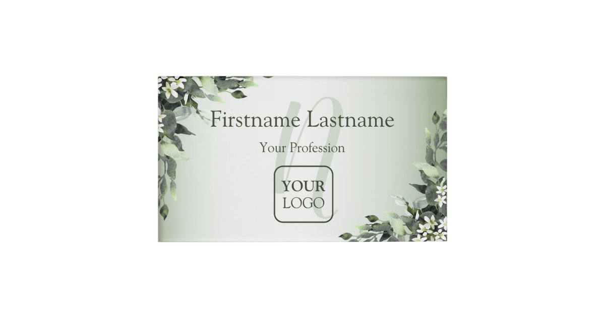 Monogram Custom Logo Greenery Floral Leaves Name Tag | Zazzle