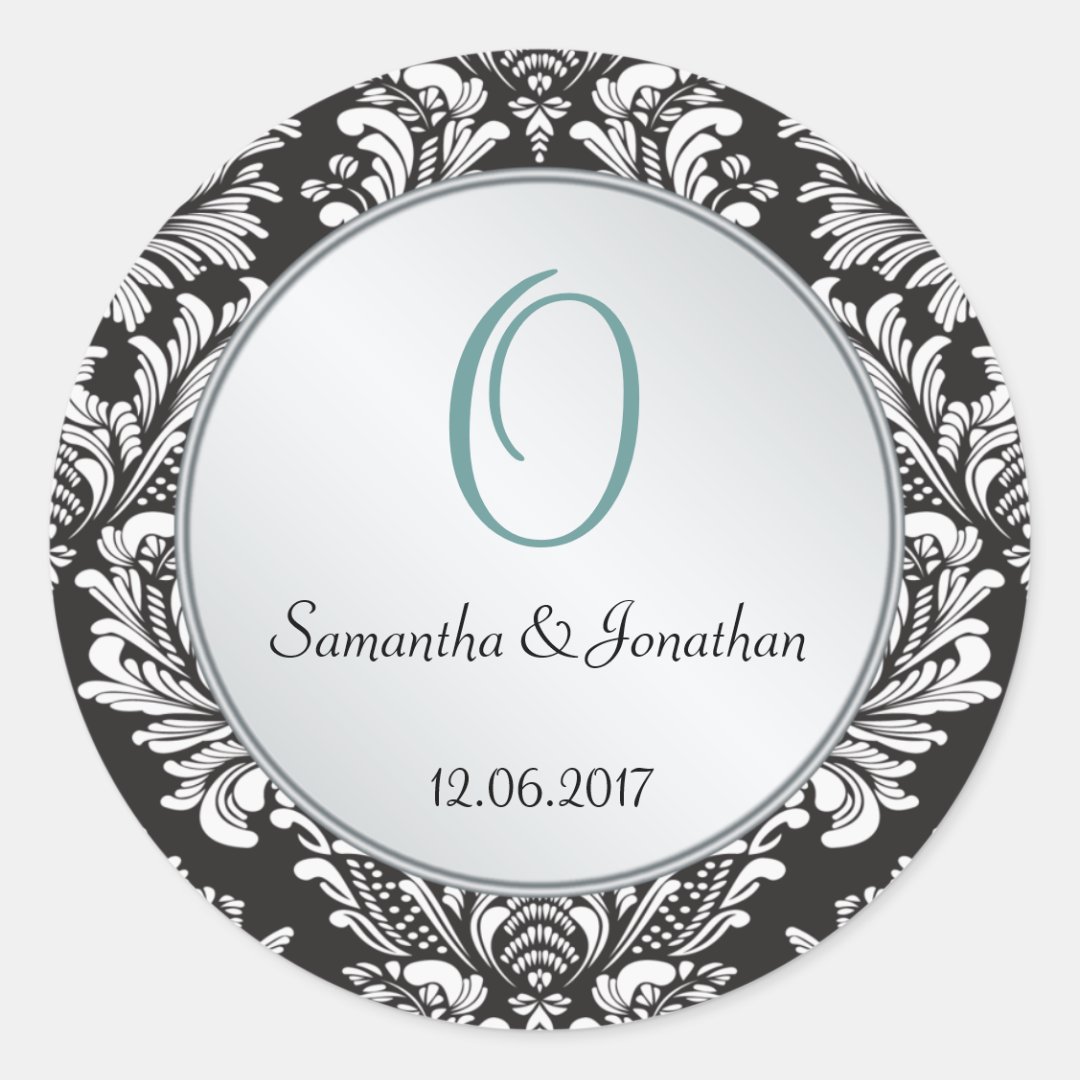 Monogram Damask black white Wedding Sticker | Zazzle