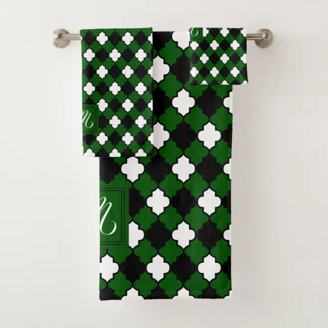 Monogram Dark Green Black And White Quatrefoil Bath Towel Set Zazzle