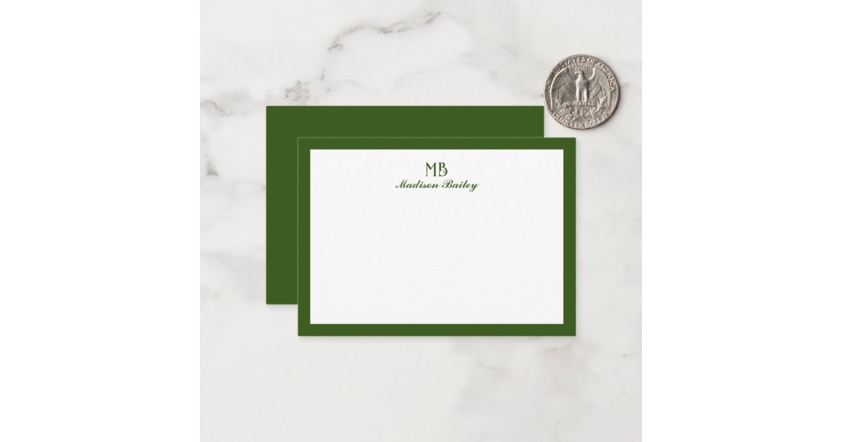 Monogram Decorative Typography | Dark Moss Green Note Card | Zazzle
