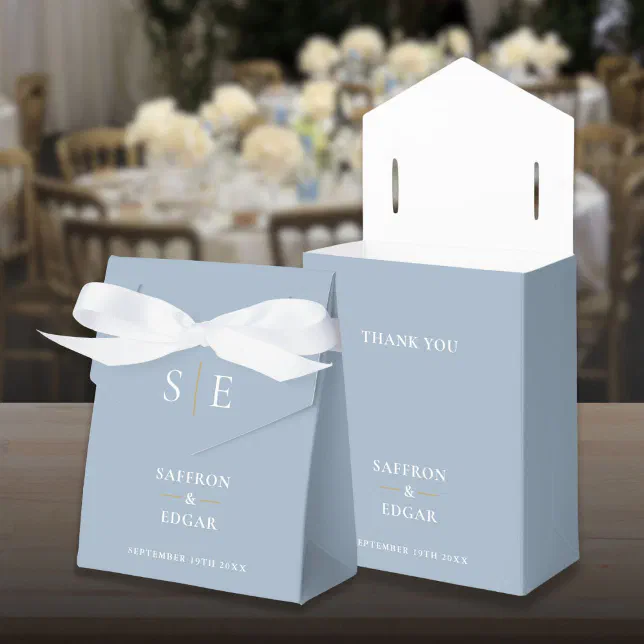 Monogram Dusty Blue And Gold Wedding Favor Boxes | Zazzle
