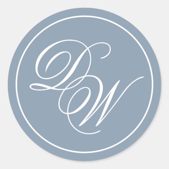 Monogram Dusty Blue Elegant White Script Initials Classic Round Sticker ...