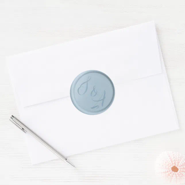 Monogram dusty blue wax seal wedding stickers | Zazzle